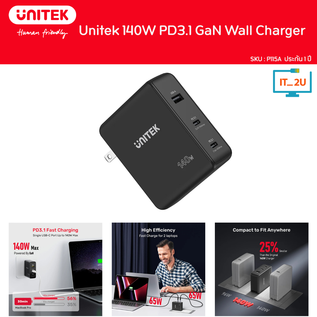 Unitek P1115A 140W Gan Wall Charger ชาร์จเร็ว PD3.1 | Shopee Thailand
