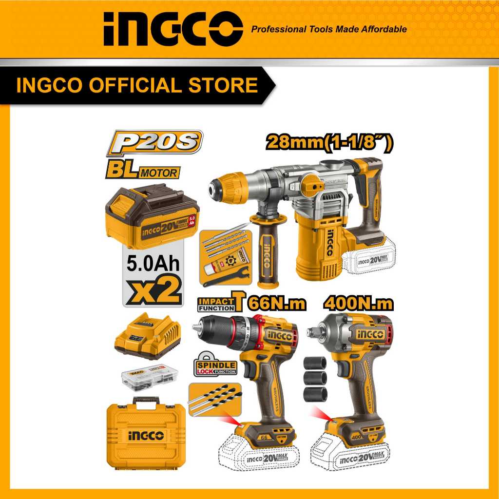 INGCO COMBO SET 20V สว่านโรตารี่ไร้สาย 28mm+สว่านกระแทกไร้สาย 96Nm+บ ...