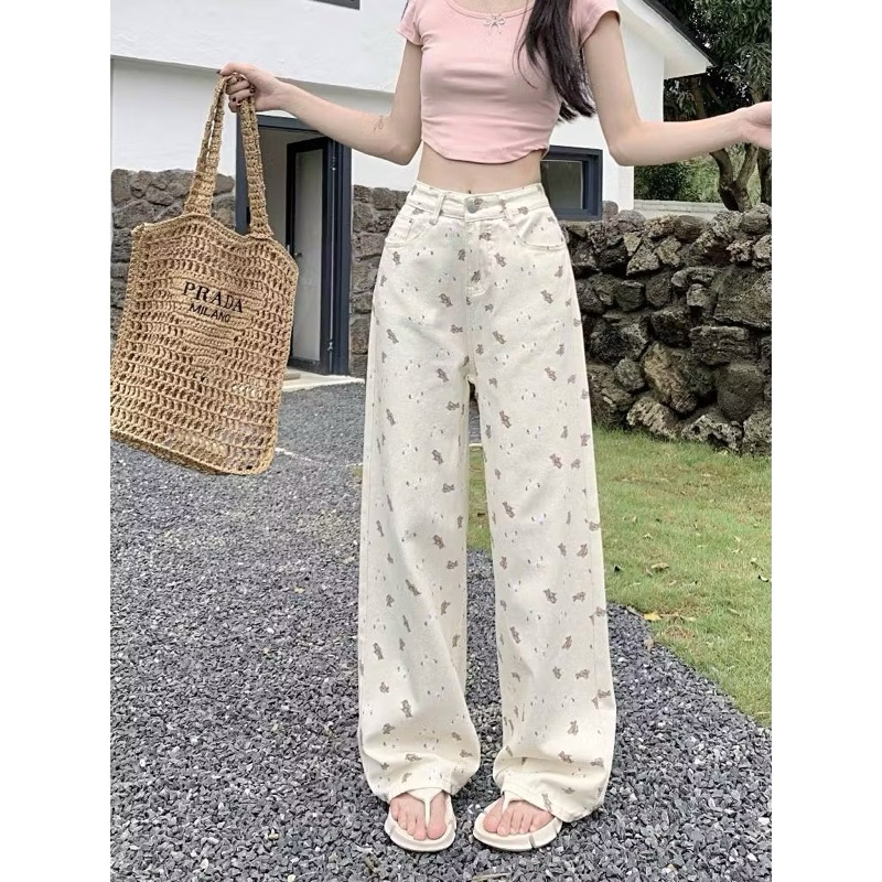 กางเกงยีนส์เอวสูง ขากระบอก ลายน้องหมี ผ้าดีฝุดๆ รหัสM18 | Shopee Thailand