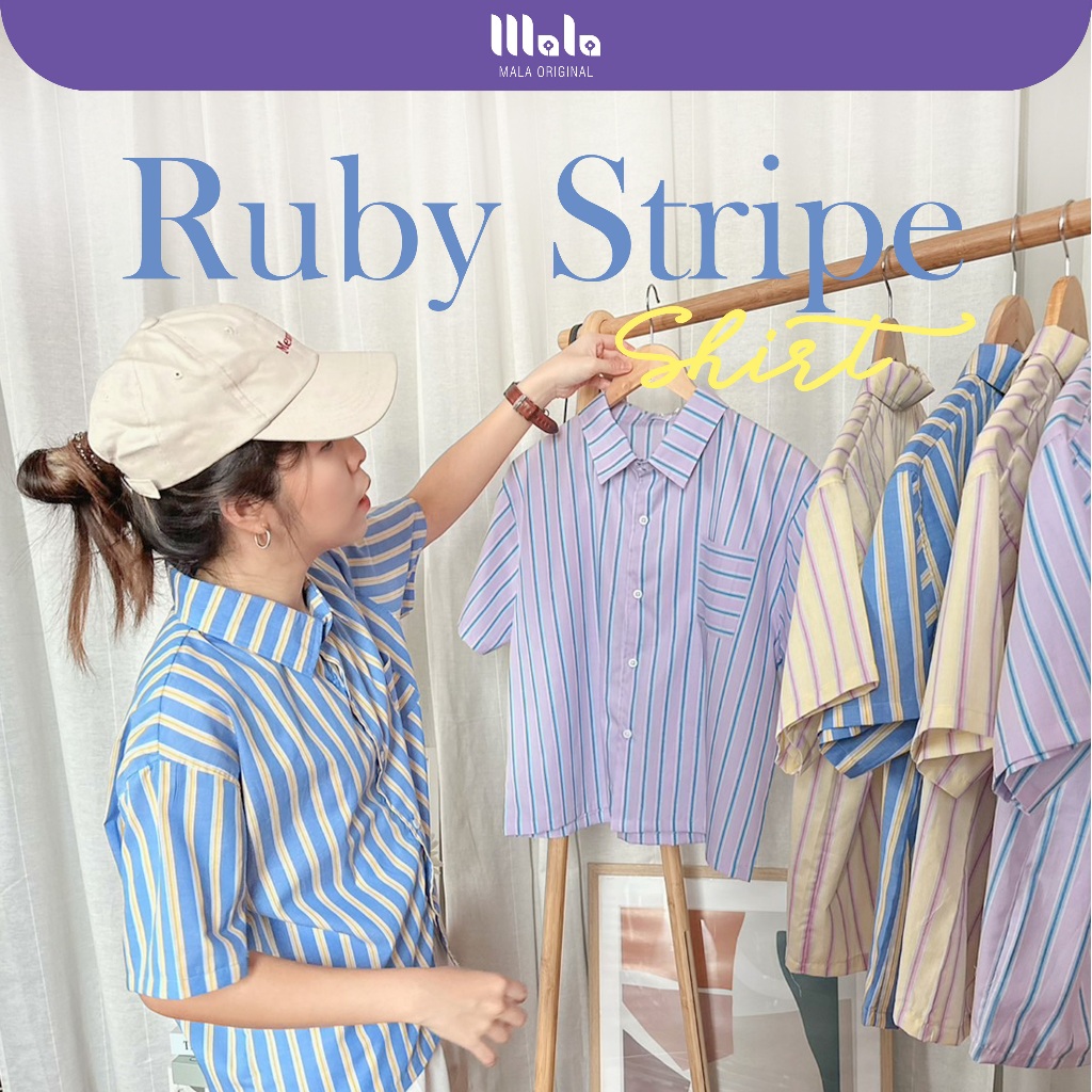 Malaoriginal - Ruby Stripe Shirt เสื้อเชิ้ตครอป ลายทาง มีกระเป๋าหน้า ...