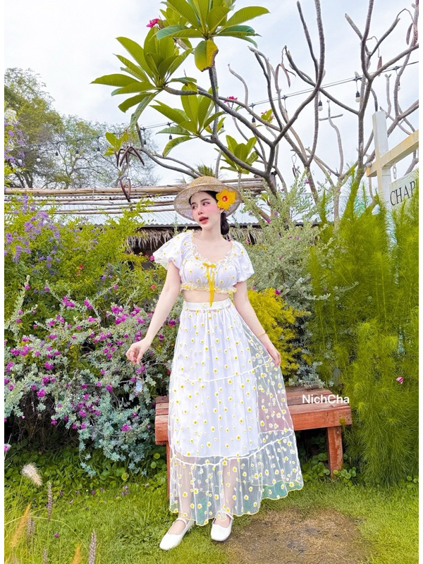 #Nicha Set2ชิ้น เสื้อเปิดไหล่ กระโปรงยาวซัมเมอร์สดอก Daisy น่ารักๆใส่ไปเที่ยวทะเล ทุ่งสวน ...