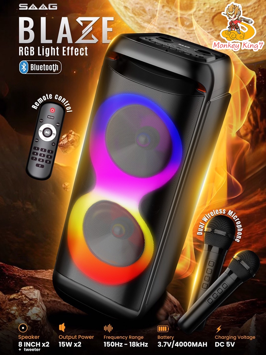 ลำโพงบลูทูธ SAAG รุ่น BLAZE Speaker ลำโพงปาร์ตี้ไร้สาย พร้อมไมค์ลอยคู่ มีไฟ LED By Monkeyking7 ...
