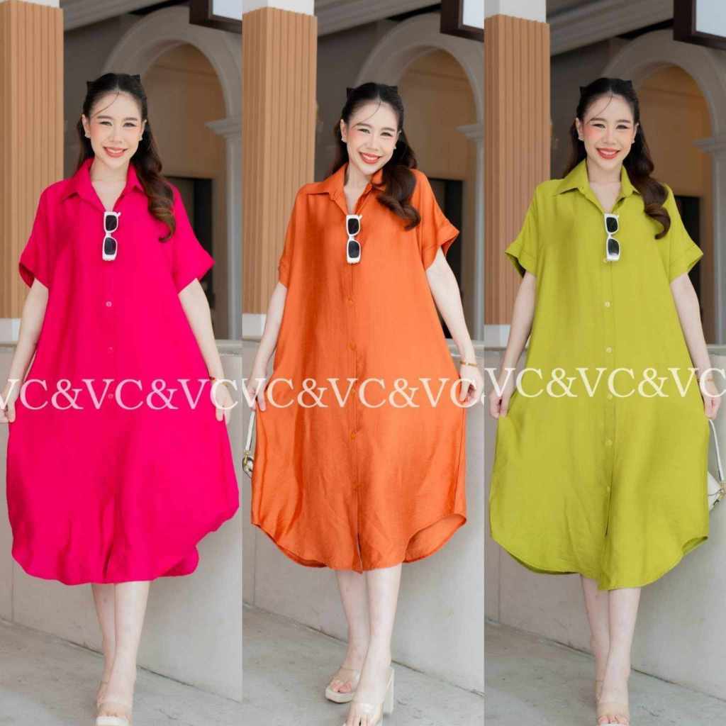 เดรสเชิ้ตสีพื้น 16 สีมาใหม่ งานป้าย Pitzy, C&V เดรสยาวแขนสั้น กระดุม ...