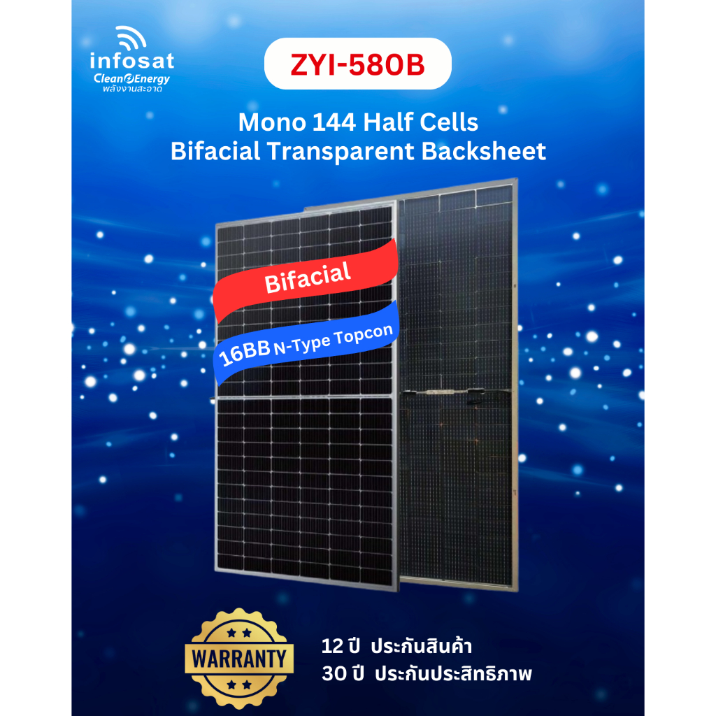 INFOSAT แผงโซลาร์เซลล์ แผง Mono 580 วัตต์ รับแสง 2 ด้าน 144 Half Cells ...