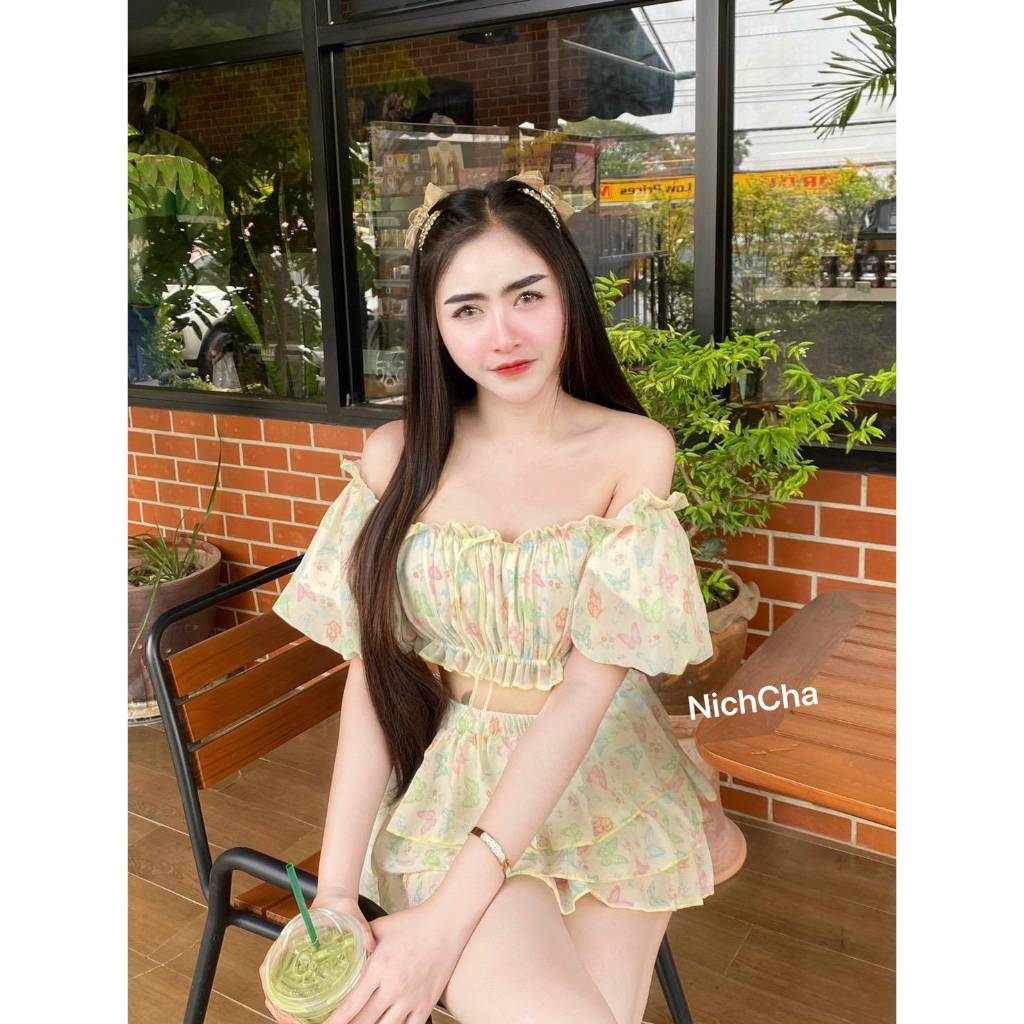 Nichcha Set2ชิ้น - เสื้อขอบแขนกระปุก แต่งโบว์ - กระโปรงขนมชั้น 3 ชั้น มีซับกางเกง | Shopee Thailand
