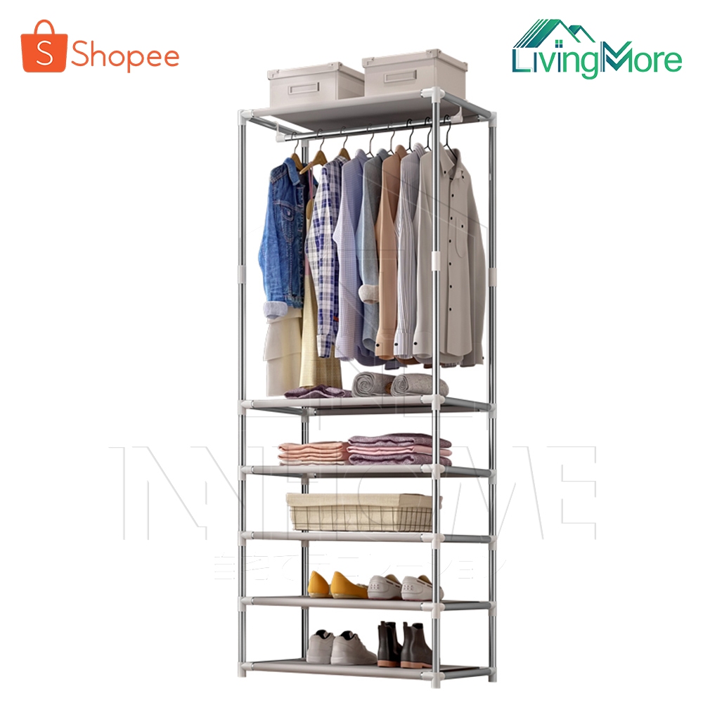 [ลดพิเศษ] InnHome ราวแขวนผ้า 2IN1 แขวนและเก็บได้ พร้อมชั้นวางของ ราวตากผ้า ราวแขวนเสื้อ รองรับ ...