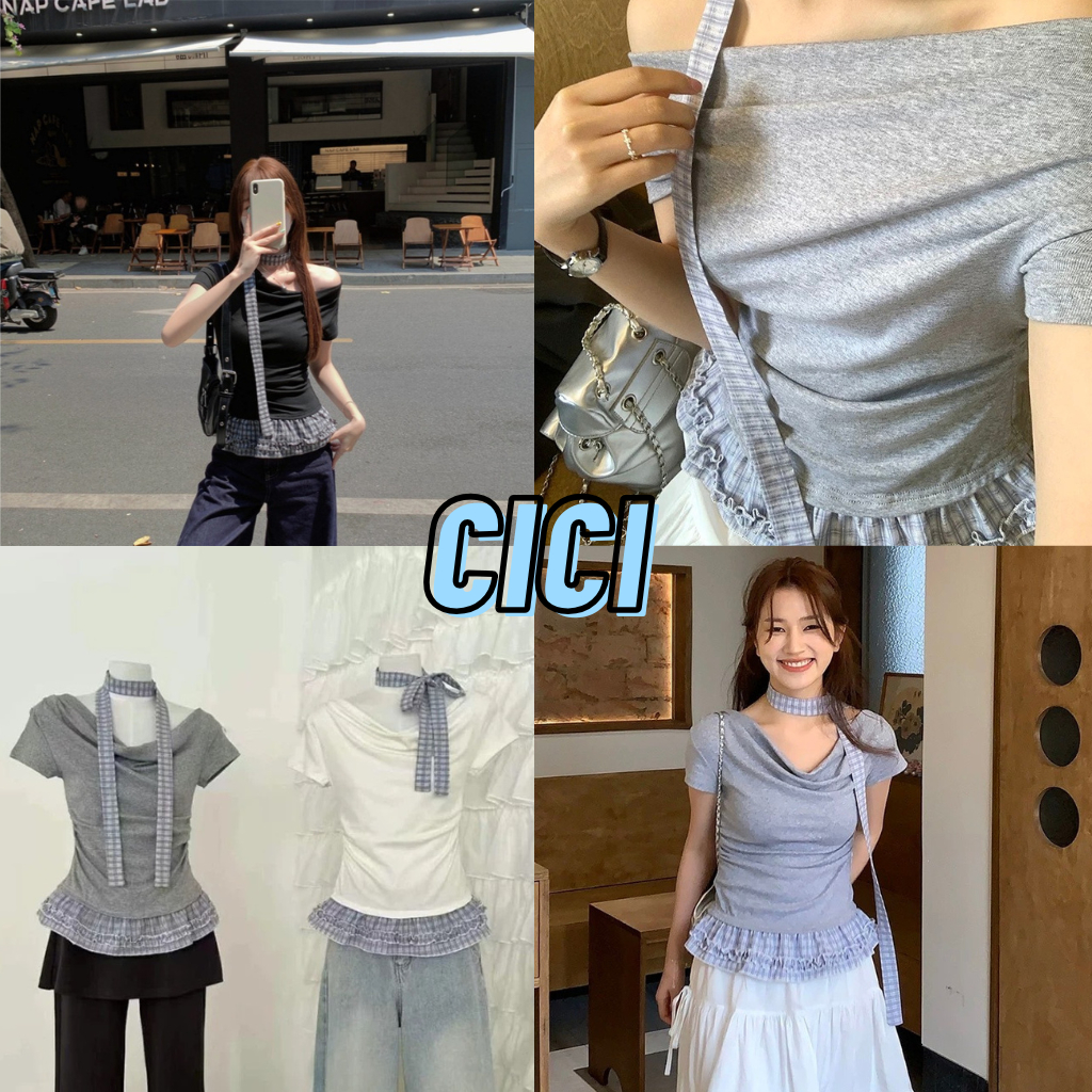Cici (NO. J2036)เสื้อปาดไหล่ ดีเทลเย็บชายระบาย แถมโช้คเกอร์ ผ้าเรยอน สไตล์เกาหลี | Shopee Thailand