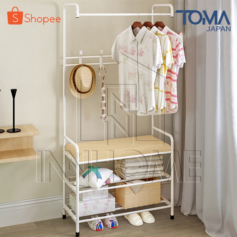 [ลดพิเศษ] InnHome ราวตากผ้า ราวแขวนผ้า ราวแขวนเสื้อ พร้อมชั้นวางและเบาะนั่ง รองรับน้ำหนักได้ 100 ...