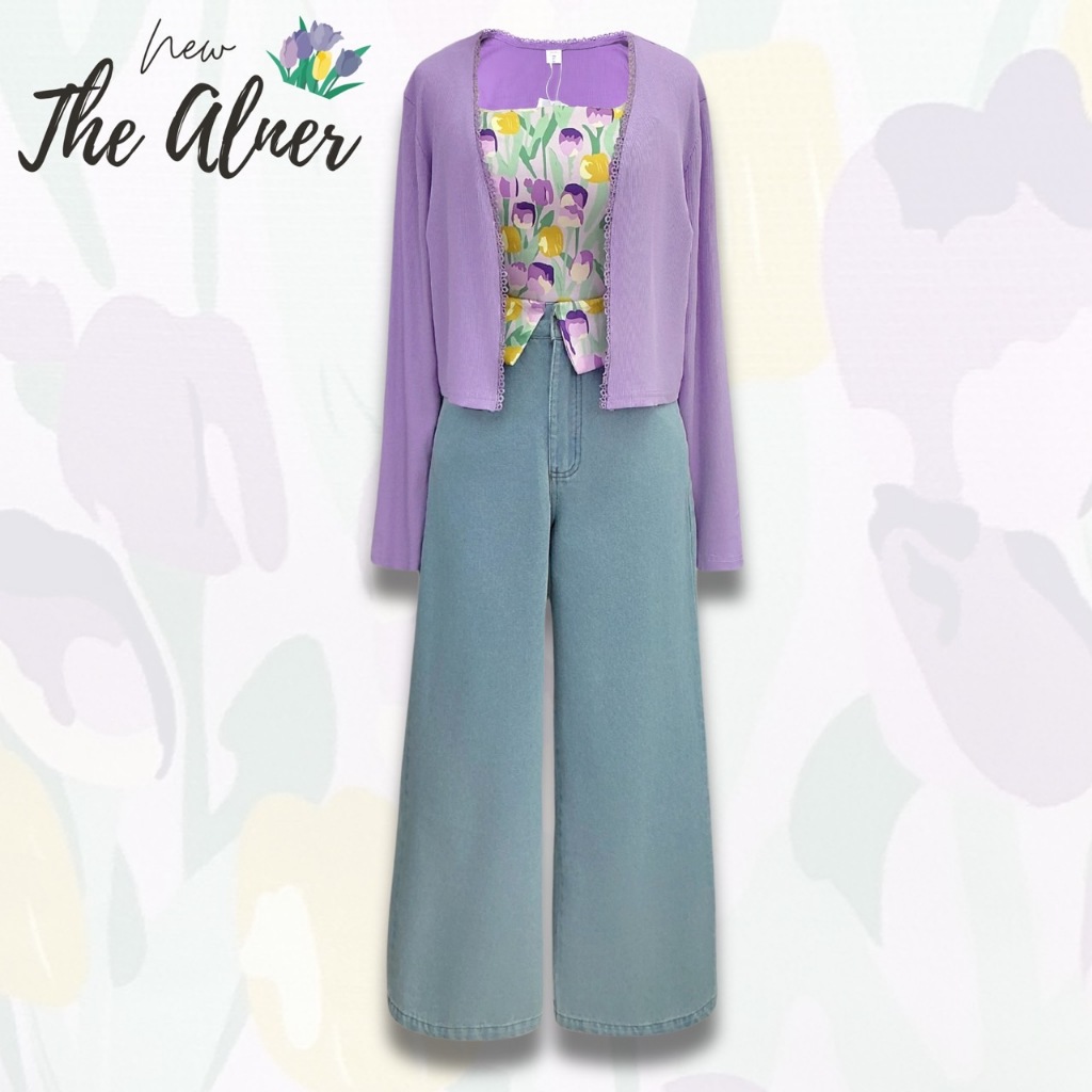 Thealner-AN123 (เซตเสื้อ3ชิ้นสายเดี่ยวม่วงลายดอก+เสื้อคลุมม่วงแขนยาว ...