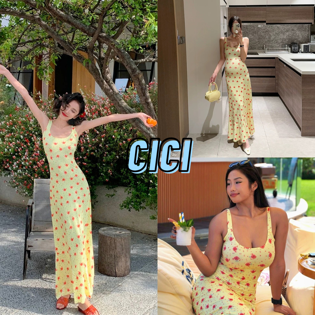 Cici(NO. Y6280) เดรสยาวสีเหลือง ดีเทลพิมพ์ลายดอกกุหลาบ ผ้ายืด แต่งเย็บปลายบาน สไตล์ญี่ปุ่น ...
