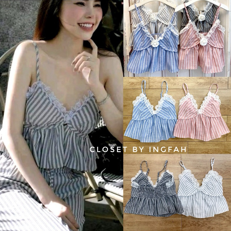mini lilly top สายเดี่ยว ลายริ้ว แต่งลูกไม้ น่ารักมาก | Shopee Thailand