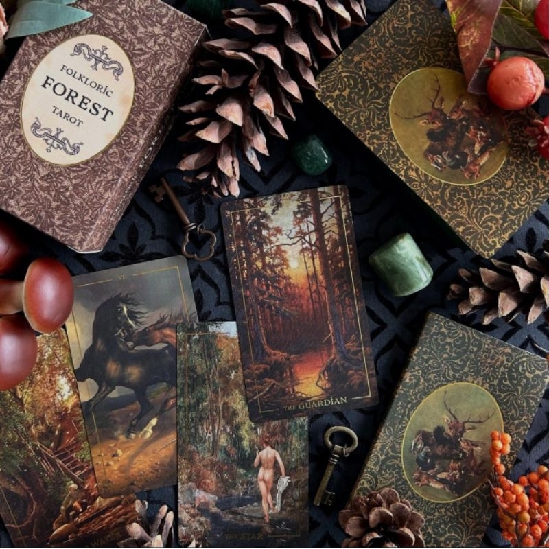 Folkloric Forest Tarot ไพ่ยิปซีแท้ธีมธรรมชาติขอบสีเขียวหรูหรา ไพ่ทาโร่ ...