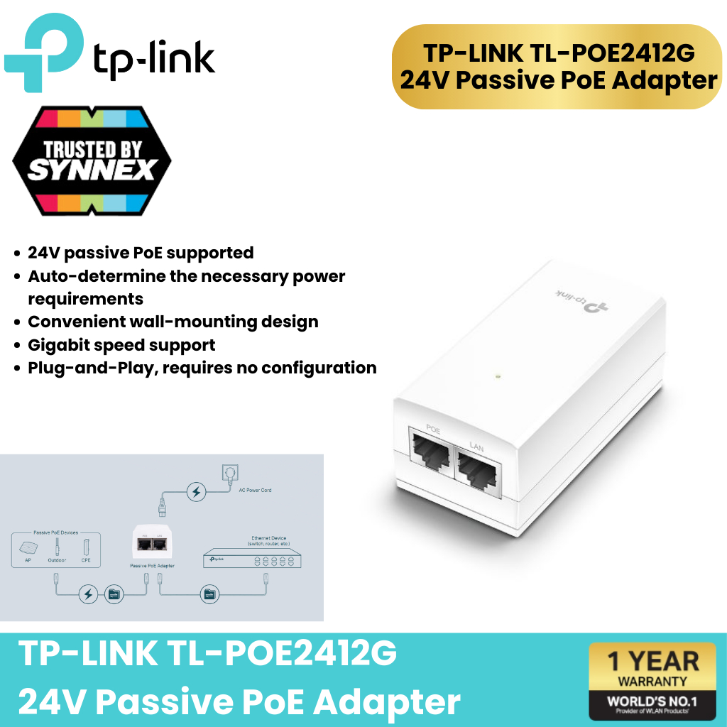 TP-LINK POE2412G (TL-POE2412G) Omada 24V 12W Passive PoE Adapter ...