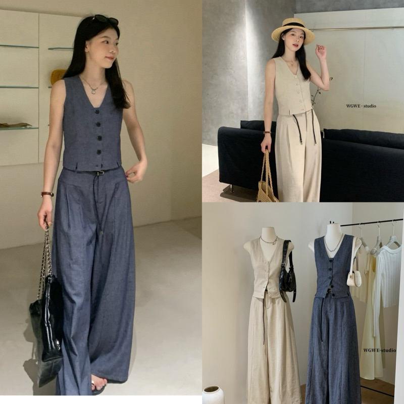 5396# Set 2 pcs เสื้อ vest กระดุมหน้า + กางเกงขายาว มาพร้อมเข็มขัด เนื้อผ้าดี ทรงสวย TAG:WG.WE ...
