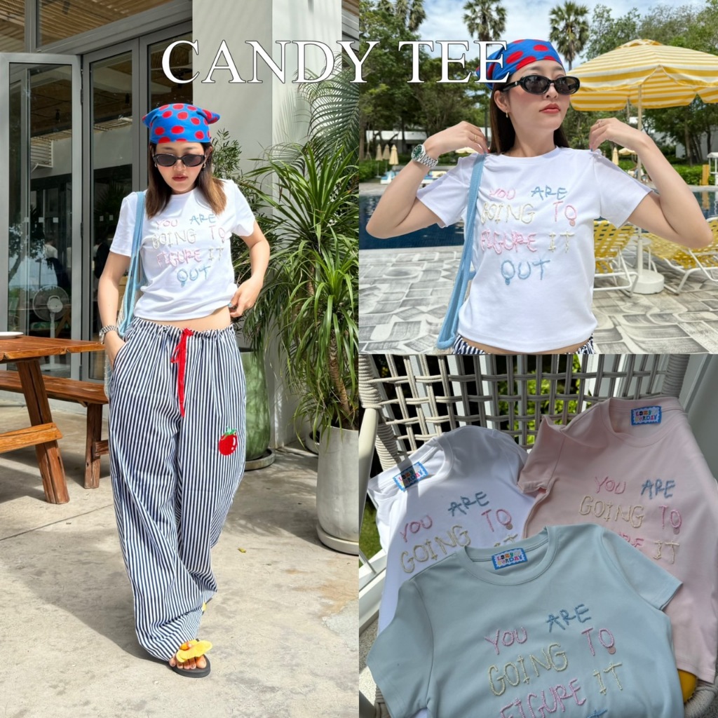 Candy tee ครอปสีพาทเทล ดีเทลงานปักแฮนเมด | Shopee Thailand