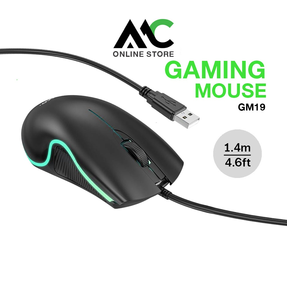 Hoco GM19 เมาส์เกมมิ่ง ไฟ RGB สายยาว 1.4 เมตร ความไว 1000 DPI เสียบใช้งานได้เลย | Shopee Thailand