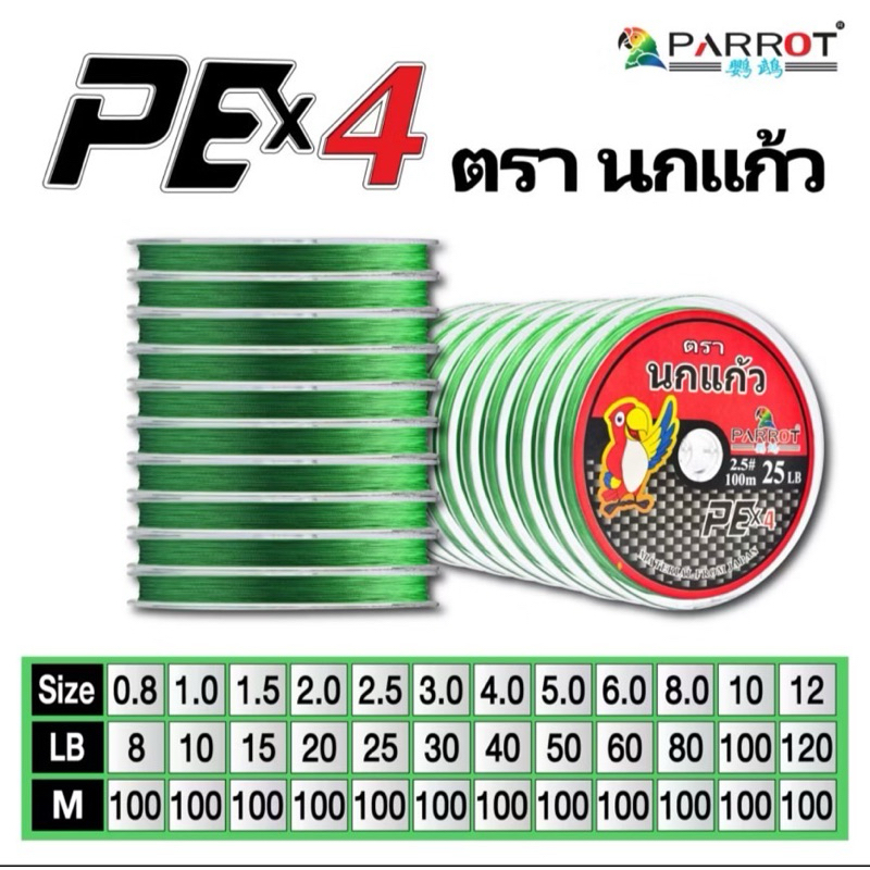 สายพีอี ถัก4 นกแก้ว (100 เมตร)PARROT PEx4 (100 M) จำนวน1ม้วน สีเขียวขี้ม้า | Shopee Thailand