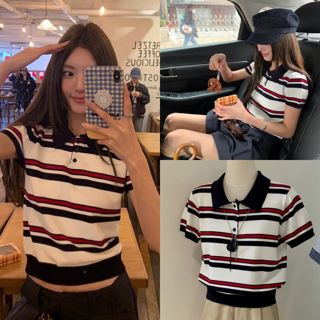 🧡🧵 🇰🇷 W5776 เสื้อแขนสั้น คอปก ยืดยืดหยุ่นได้ ลายขวางตัดสีกันสวย น่ารัก ...