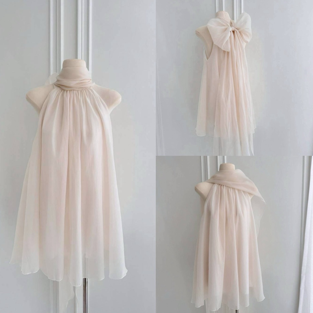 Gamola dress เดรสสั้นทรงฟรีไซต์ใส่สบายมาก สายโบว์ผูกคอด้านหลังงานมี ...