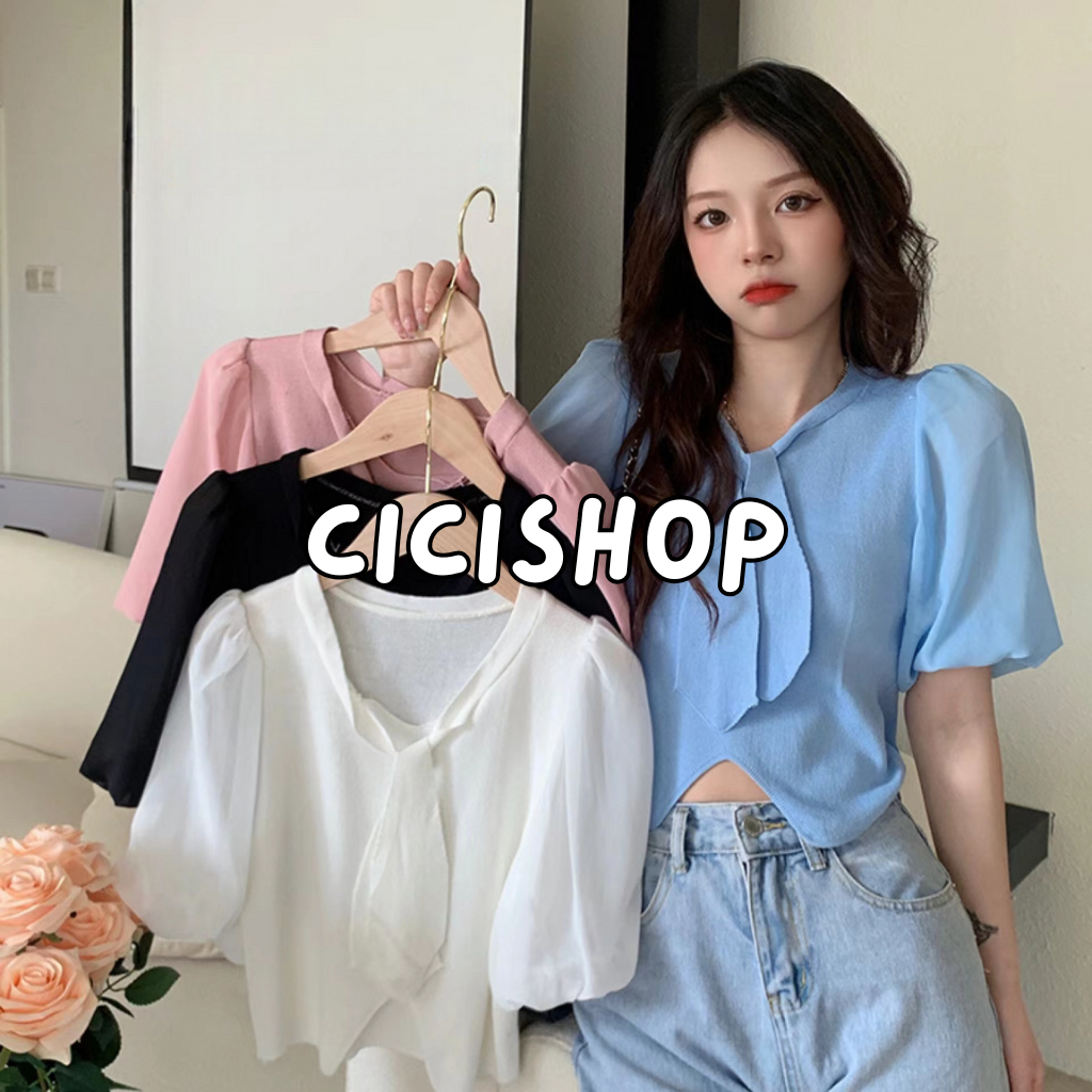 Cicishop(L1366)เสื้อครอปไหมพรมแต่งผูกโบว์ ดีเทลแขนชีฟอง สไตล์เกาหลี | Shopee Thailand