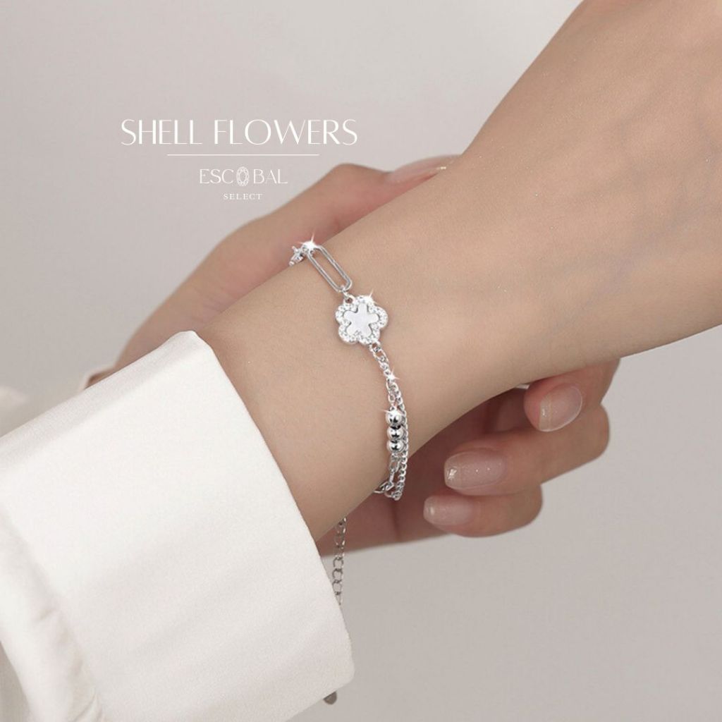 ESCOBAL สร้อยข้อมือเงิน Shell Flowers จี้ใบโคลเวอร์ กำไลเพชร กําไลข้อมือผู้หญิง กำไลแฟชั่น ...