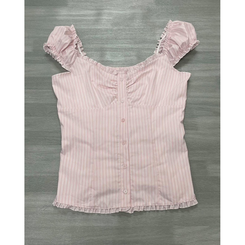 Hollister ruffle trim poplin blouse เสื้อลายทางสีชมพูน่ารักๆ พร้อมส่ง ...