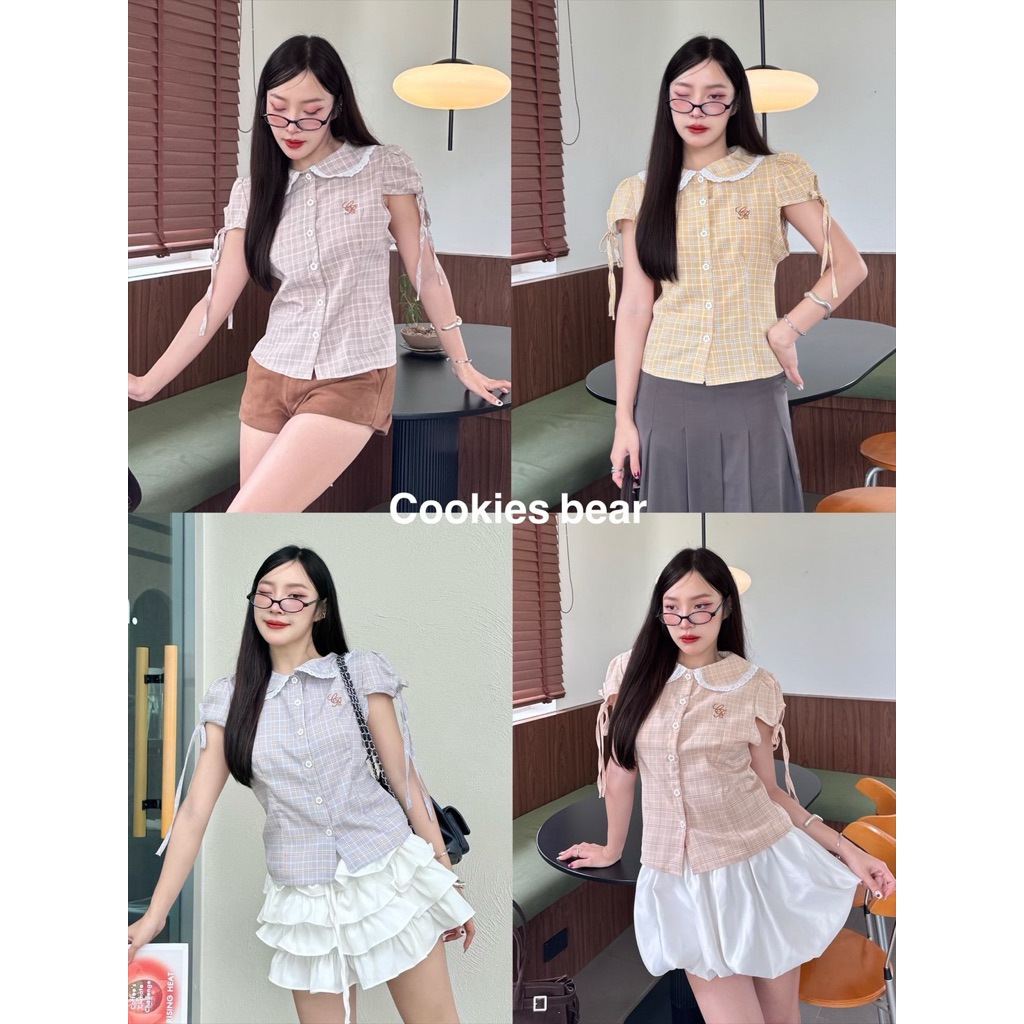 C113 - Cookies Bear 🍒 เสื้อเชิ้ตคอปกทรงคอบัวแต่งขอบลูกไม้ ทรงแขนจีบผูก ...