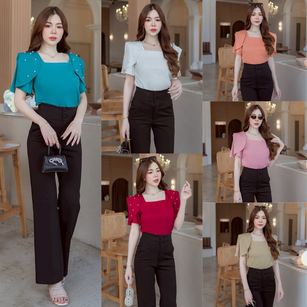 252 เสื้อคอเหลี่ยมแขนสั้นผ่าข้างแขนแต่งมุกตอก (ผ้าเทพ REEYA) | Shopee Thailand