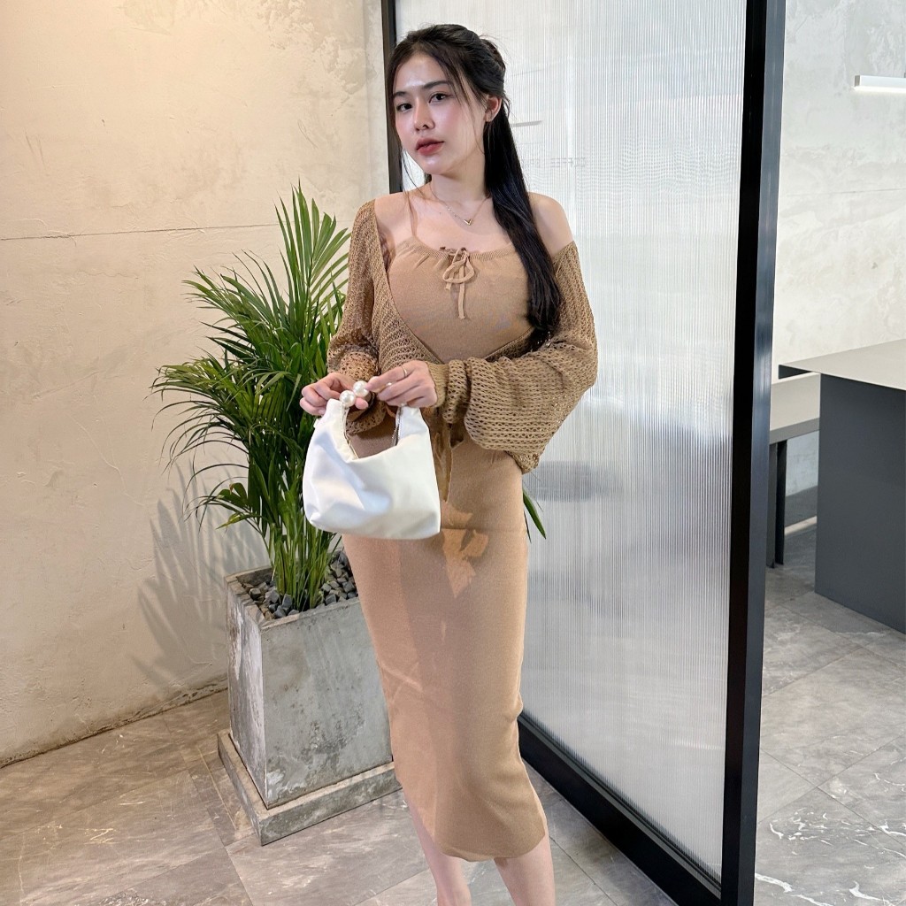 🌈SpinnyHouse🌈ชุดเซต2ชิ้น เดรสสายเดี่ยวแต่งผูกเชือกช่วงอก มาคู่กับเสื้อคลุมตาข่าย แต่งผูกเชือก ...