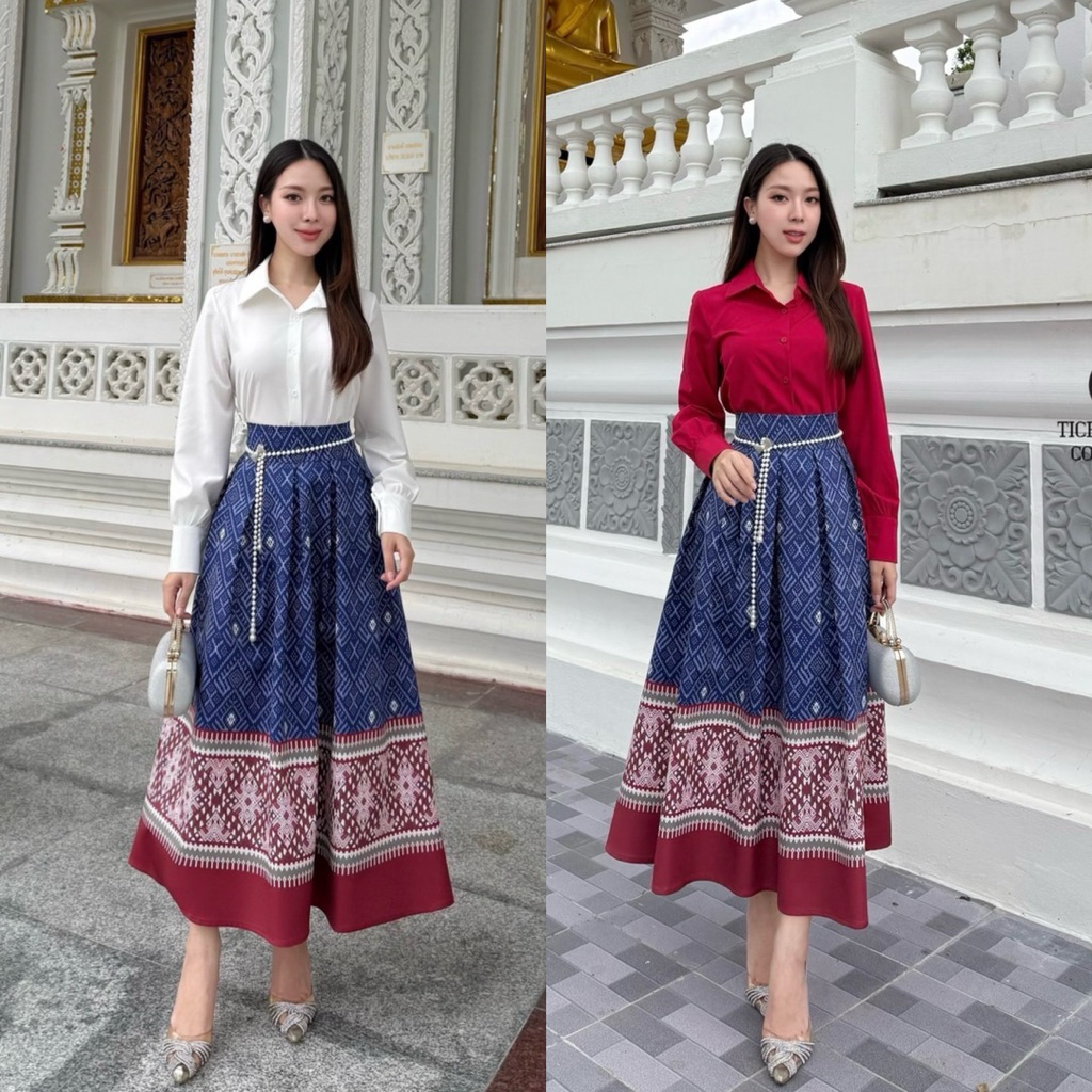Ticha•Set 3 ชิ้น เสื้อเชิ้ตแขนยาวคอปก กระดุมหน้า ใส่แมทซ์กับกระโปรงยาว ...