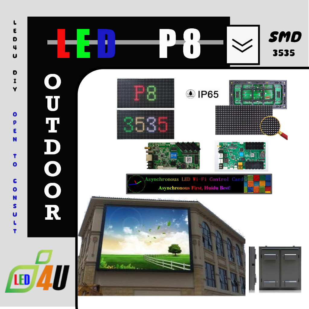 LED P8 RGB SMD3535 โมดูลขนาด 32x16 ซม. สีเต็มรูปแบบ สำหรับภายนอกอาคาร ใช้ทำป้ายวิดีโอ ป้ายภาพ ...