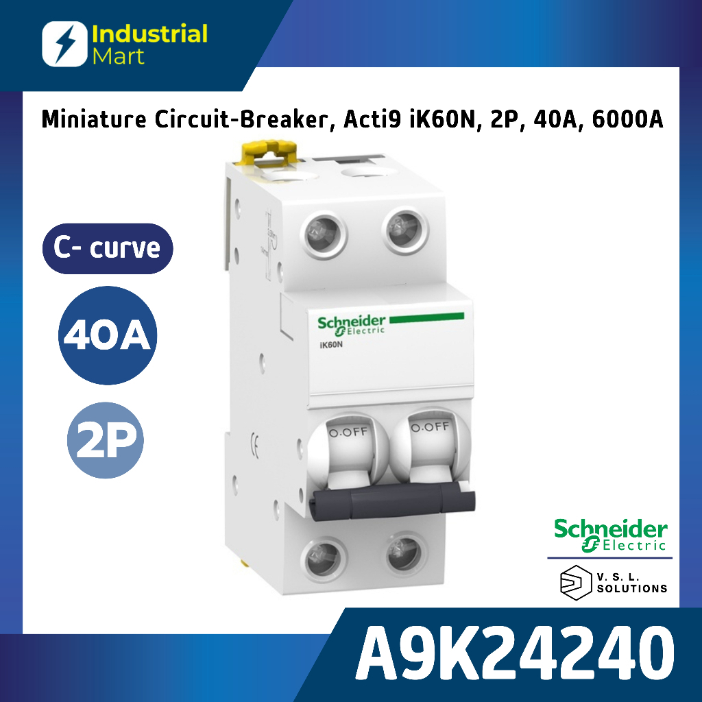 Schneider Electric A9K24240 Miniature circuit breaker, Acti9 iK60N, 2P, 40A, C curve, 6000 A ...