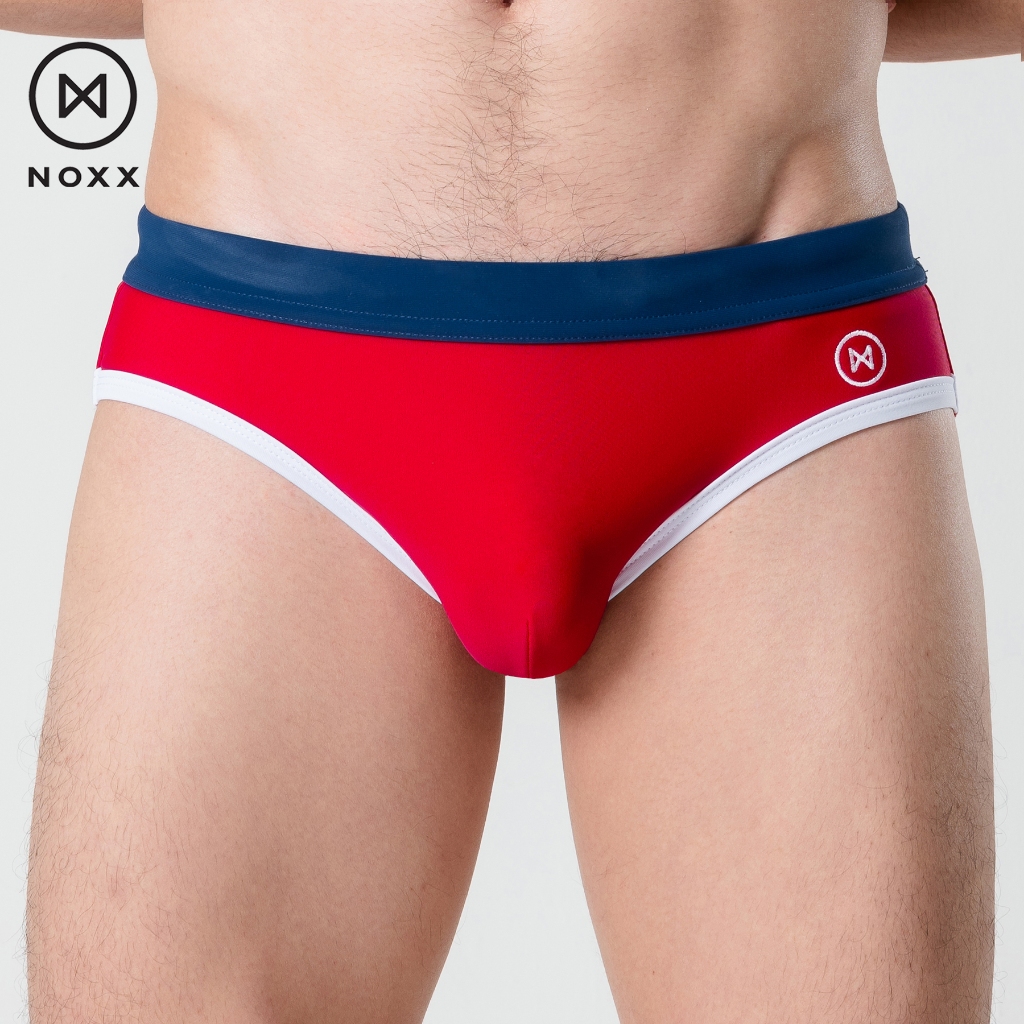 Noxx Swim Briefs: กางเกงว่ายน้ำ ทรงบรีฟ สีแดง ขอบเอวน้ำเงิน กุ๊นขอบสีขาว | Shopee Thailand
