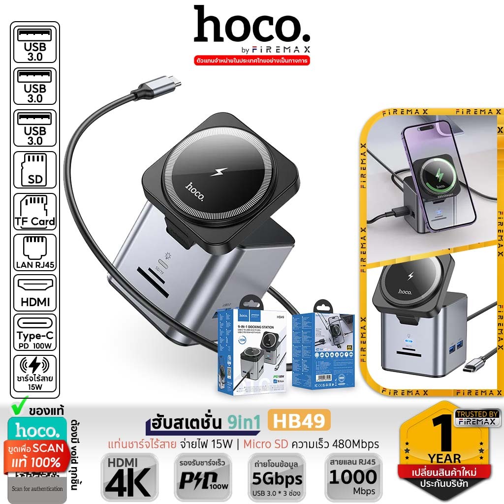 HOCO HB49 ฮับสเตชั่น Type-C to wireless charger + HDTV + PD + USB3.0 * ...