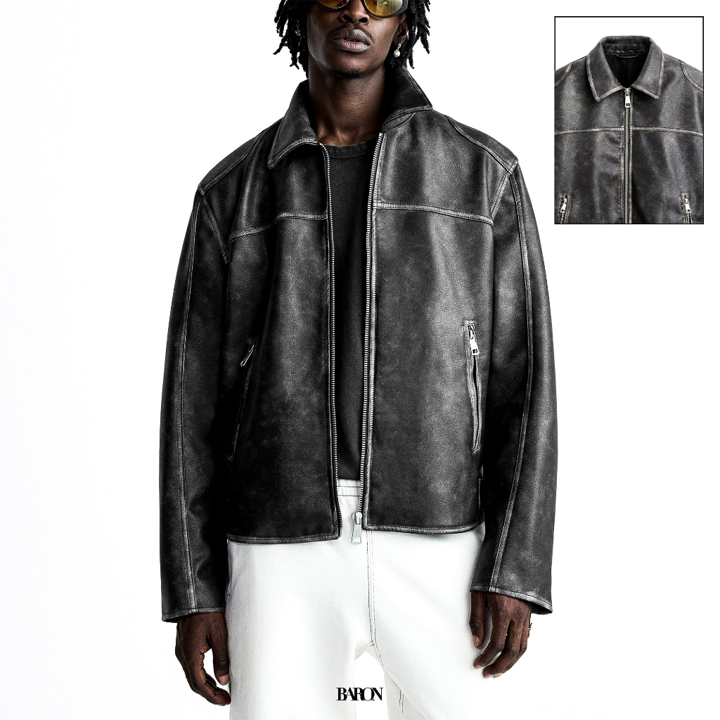 BARON Chunky Leather Jacket แจ็คเกตหนังพรีเมียม | Shopee Thailand