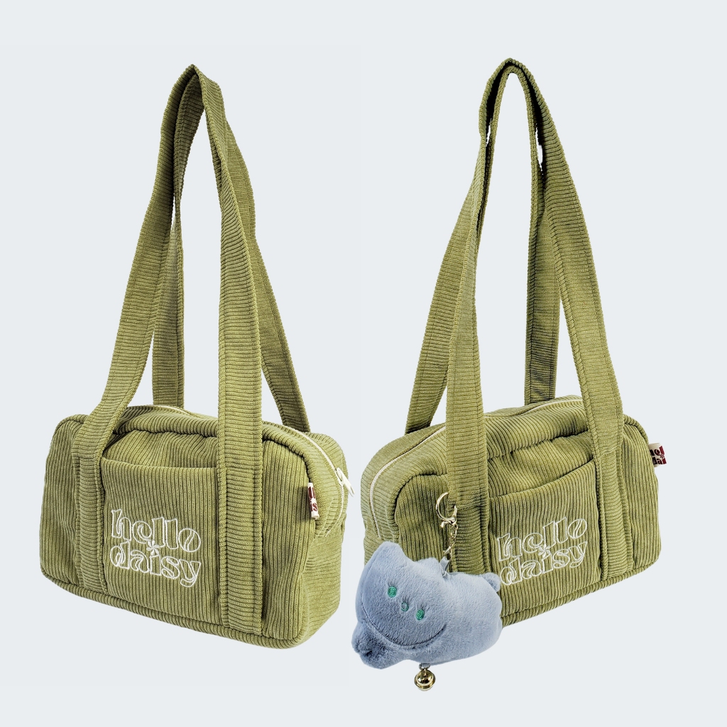 Hello Daisy [แบรนด์ไทย] กระเป๋าผ้าลูกฟูกสีเขียว olive ปักโลโก้กระเป๋า ...