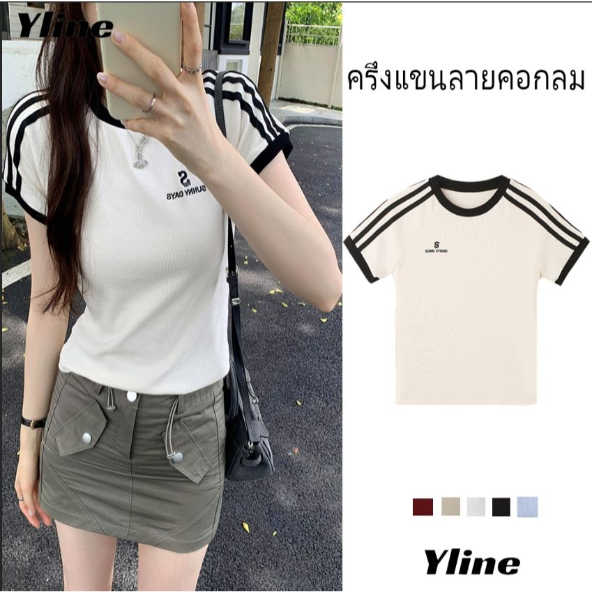 Yline สไตล์อเมริกันโบราณวงกลมลายแขนครึ่งเสื้อยืดสไตล์สาวฮอต | Shopee ...