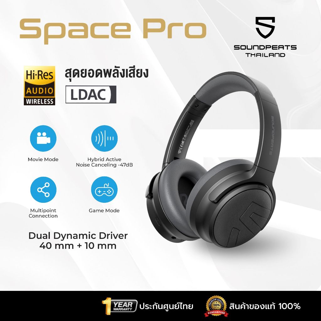 [ประกันศูนย์ไทย] SoundPEATS Space Pro หูฟังครอบหู รองรับ Hi-res ...