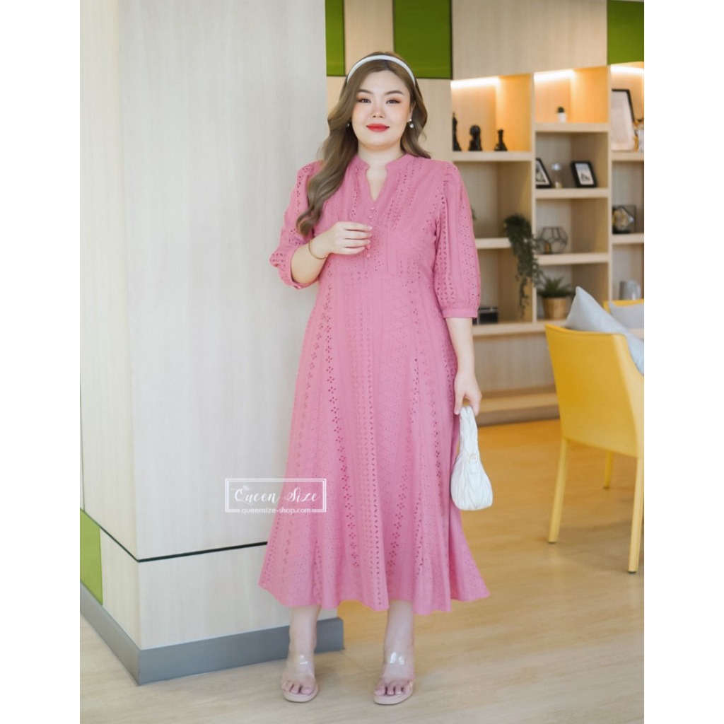 Patcha-สีชมพูออกโอรสนิดๆ เดรสไซส์ใหญ่อก42 44 46 และ48นิ้ว ชุดคนอ้วนแบบยาวใส่เที่ยว ทำงาน ชิวๆริม ...