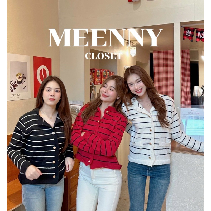 Meenny closet | FD03 ไหมพรมแขนยาวลายริ้วกระดุมทอง | Shopee Thailand