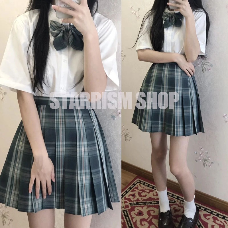สีเขียว กระโปรงลายสก๊อต XS-3XL กระโปรงพลีทนักศึกษา ชุดเครื่องแบบ JK เสื้อเซิต ชุดนักเรียน ...