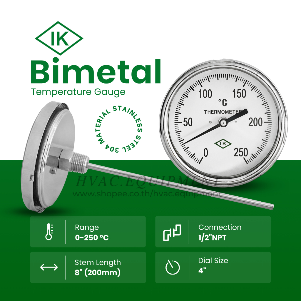 IKA (BL) Bimetal Temperature Gauge เกจวัดอุณหภูมิน้ำ, เกลียวออกหลัง, หน้าปัด 4 นิ้ว ยี่ห้อ IK ...