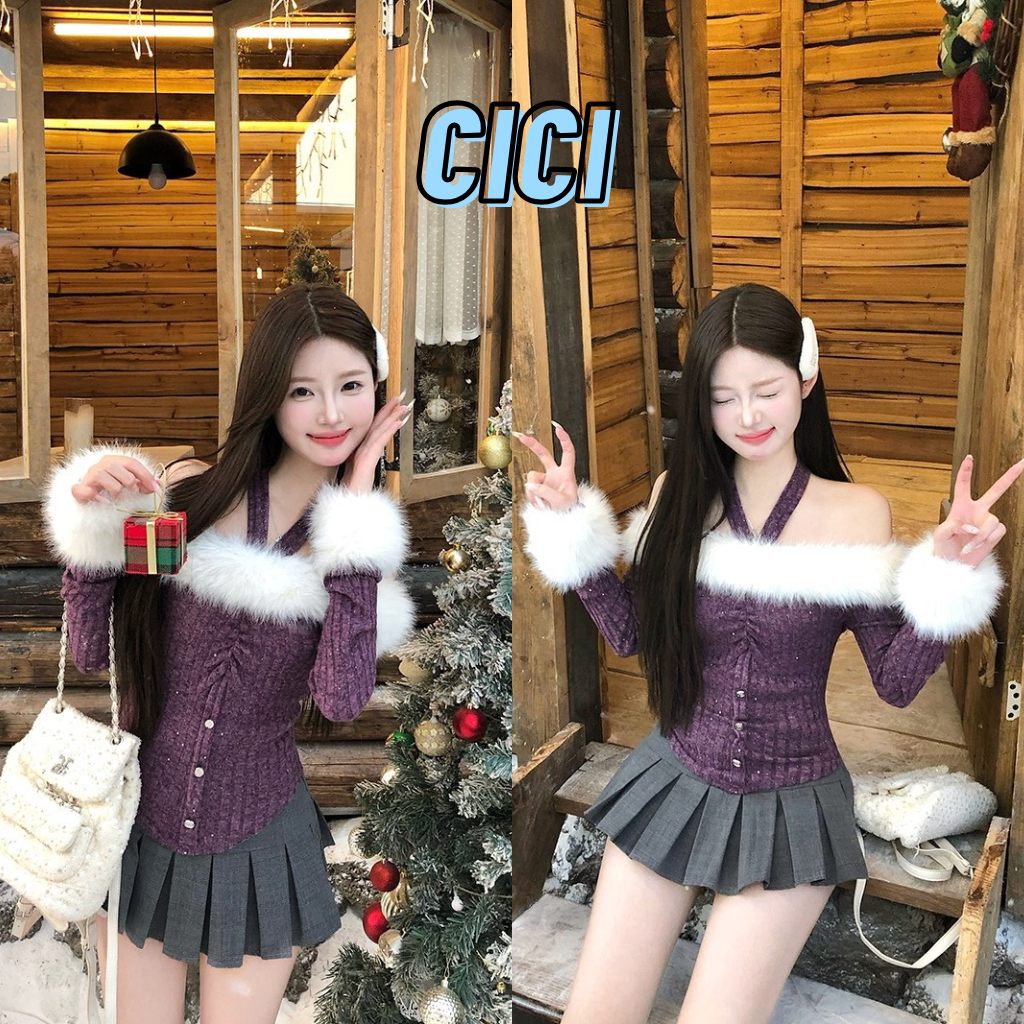 Cici(NO.1613) เสื้อปาดไหล่แขนยาว ดีเทลขนฟู ถอดออกได้ สไตล์หน้าหนาว (แยกชิ้นส่วนได้) | Shopee ...