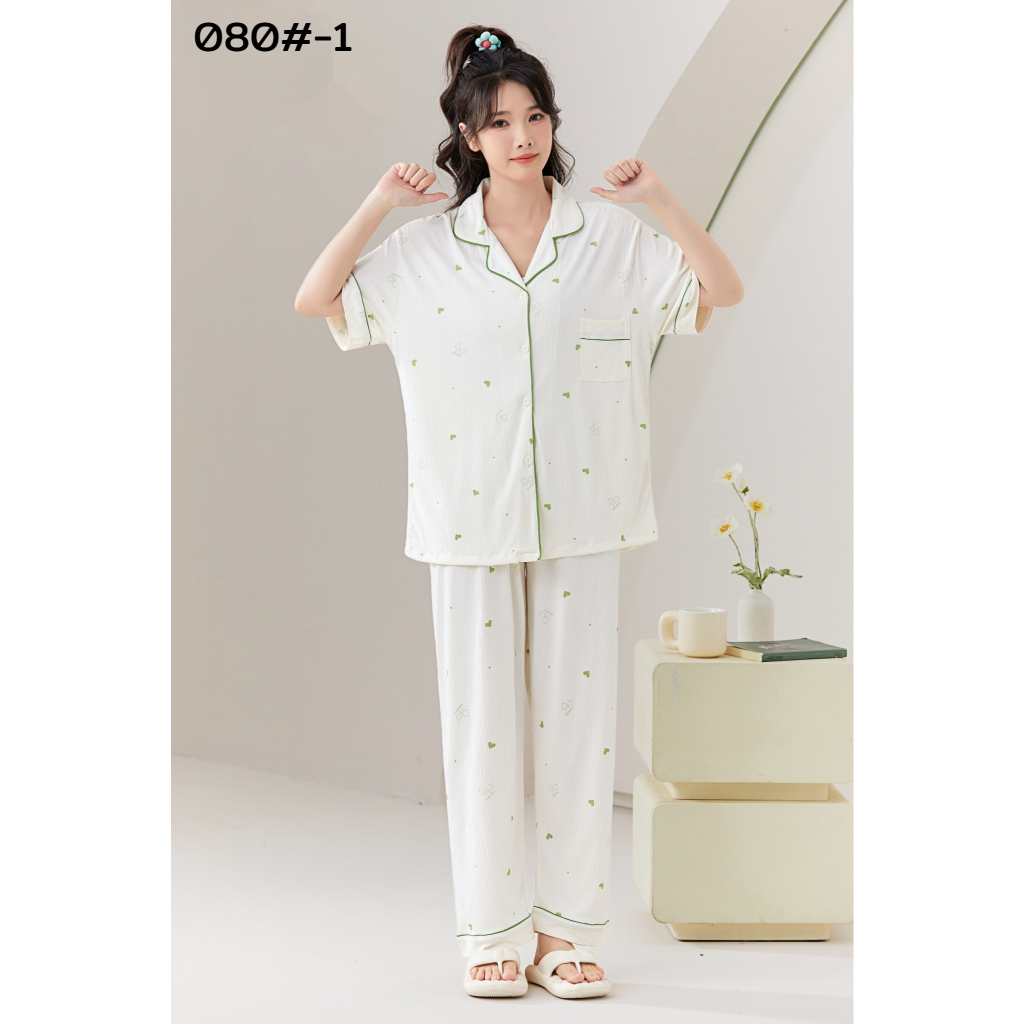 c080# ชุดนอน ผู้หญิง พิมพ์ลาย เสื้อคอปก แขนสั้น งานกระดุม กางเกงขายาว ...