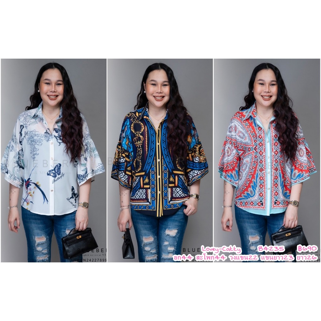 (อก44) B4235 BLUEBERRY NIGHTS เสื้อเชิ้ต ผ้าโพลีเอสเตอร์ผสมชีฟอง พิมพ์ ...