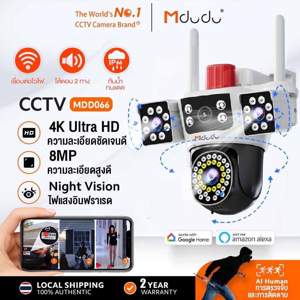 Mdudu กล้องวงจรปิดไร้สาย 3เลนส์ WIFI แสดงภาพพร้อมกัน3หน้าจอ AI ตรวจจับ ...