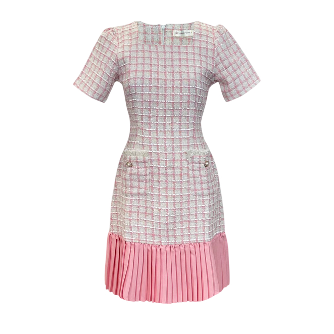 S-XL | เดรสสั้นคอเหลี่ยมลายตาราง กระโปรงแต่งระบาย มีซับใน สีน้ำตาล ...