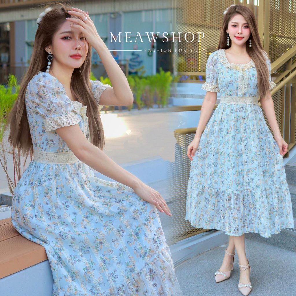 S-3XL Maxi dress สีฟ้าอ่อนๆ เดรสลายดอก แขนสั้น ชุดไปทะเล ชุดออกงาน ไปงาน ชุดเพื่อนเจ้าสาว ชุดไป ...