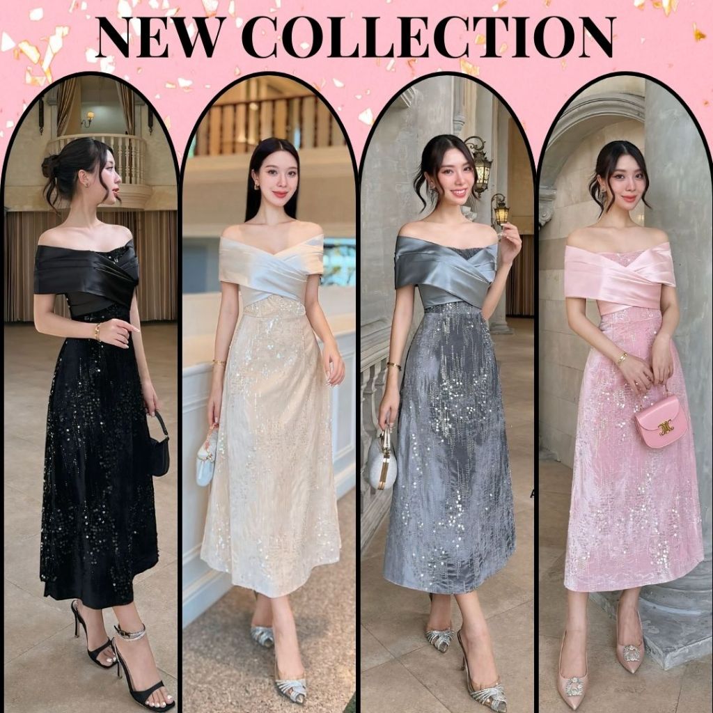 S-XL 4 สี เดรสออกงาน ชุดไปงานแต่ง งานป้าย Adora เดรสปาดไหล่ เดรสกลิตเต ...