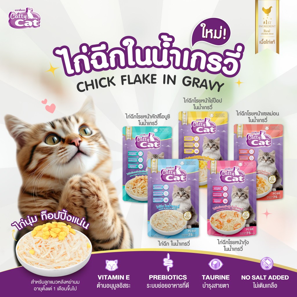 Catty Cat แคทตี้แคท อาหารแมวเปียก (สูตรไก่ฉีกในน้ำเกรวี่ ) แบบซอง 75g | Shopee Thailand